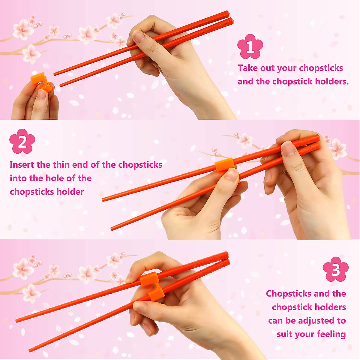5 Pairs Chopsticks and Chopstick Helpers Set, Plastic Hinges Connector Training for Teens, Adults, Beginner, Trainers or Learner, Dishwasher Safe, Non-Slip Reusable and Replaceable (Cherry Blossom)