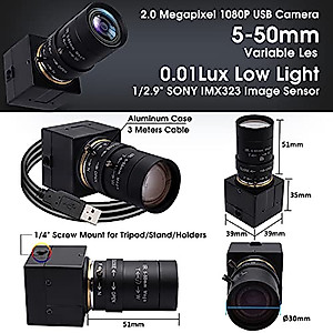 SVPRO USB Web Camera 1080P Full HD Webcam with Zoom Lens, 5-50mm Telephoto Webcam Manual Focus with Sony IMX323 Sensor, H.264 0.01lux Low Light Camera for Industrial Machine Vision,UVC Free Drive