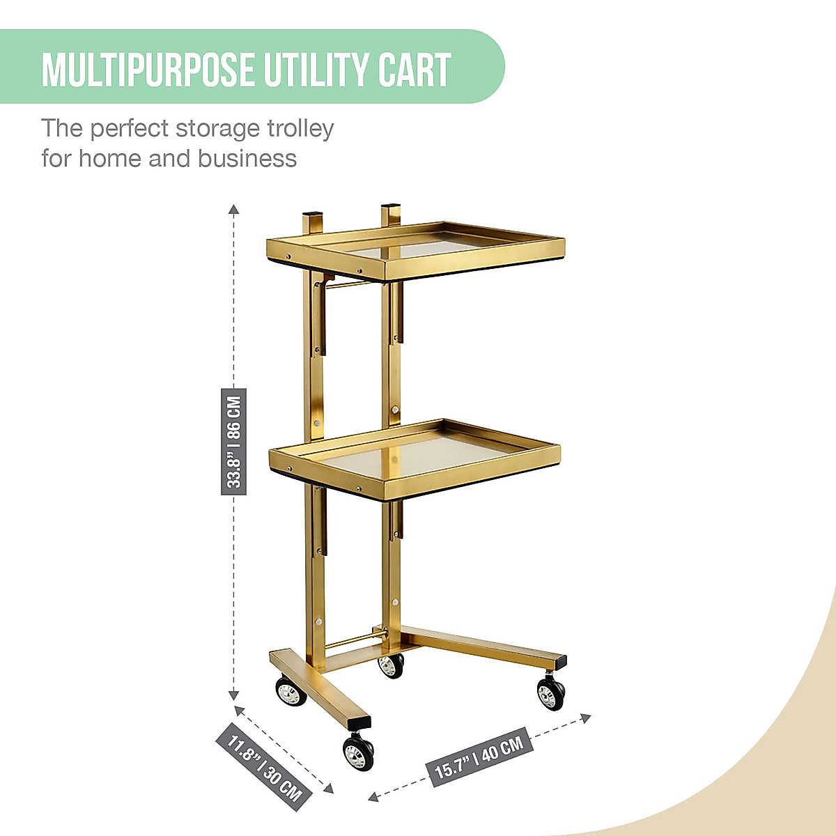 Multifunctional 2-Tray Utility Cart on Wheels - Gold 2-Level Medical Trolley Cart - Mobile Storage Tray Cart for Dental Tools, Cavitation Machine, Salon Supplies - Brass Foldable Storage Trays