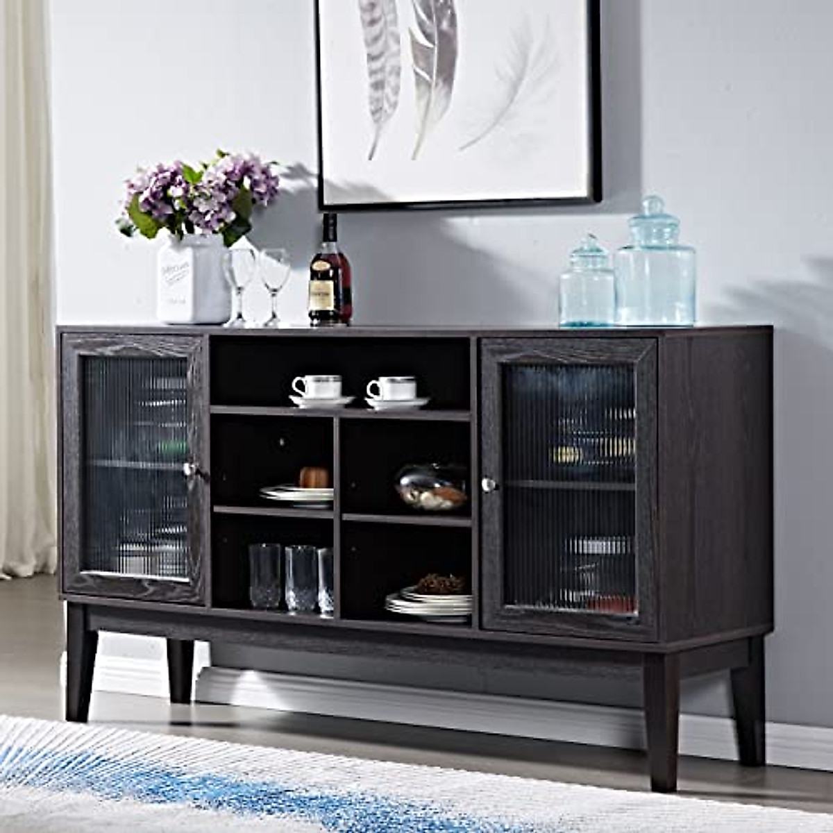 Mixcept Wood 60” Sideboard Buffet Table Storage Cabinet Console Table with 2 Doors and Adjustable Shelves, Cupboard Kitchen Sideboard for Kitchen Dining Room, Espresso