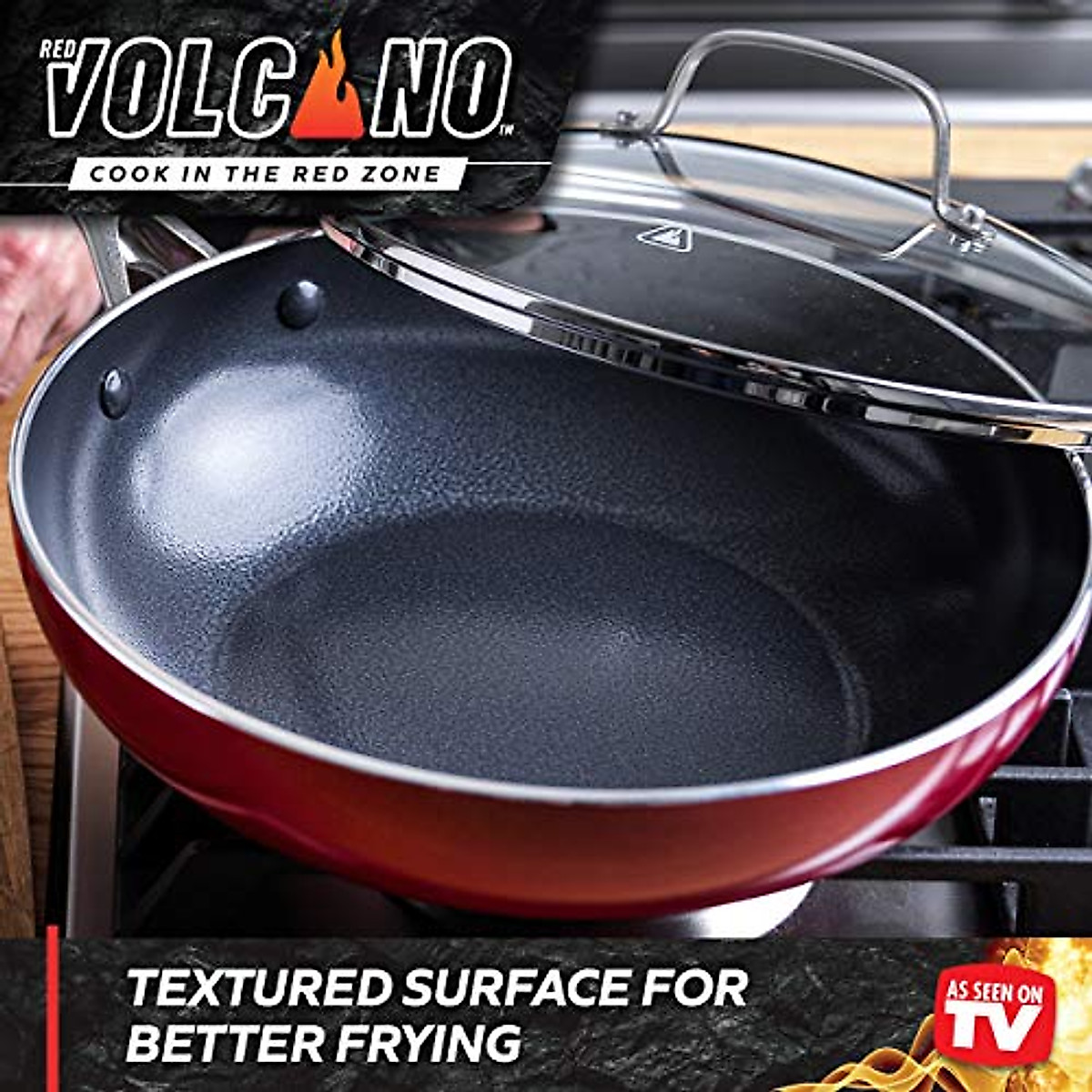 Red Volcano Textured Ceramic Nonstick, 11" Flat Bottom Wok Stir-Fry Pan with Lid for High Heat Cooking, Oven & Broiler Safe to 600 Degrees, Dishwasher Safe, PFAS PFOA & PTFE Free, Red