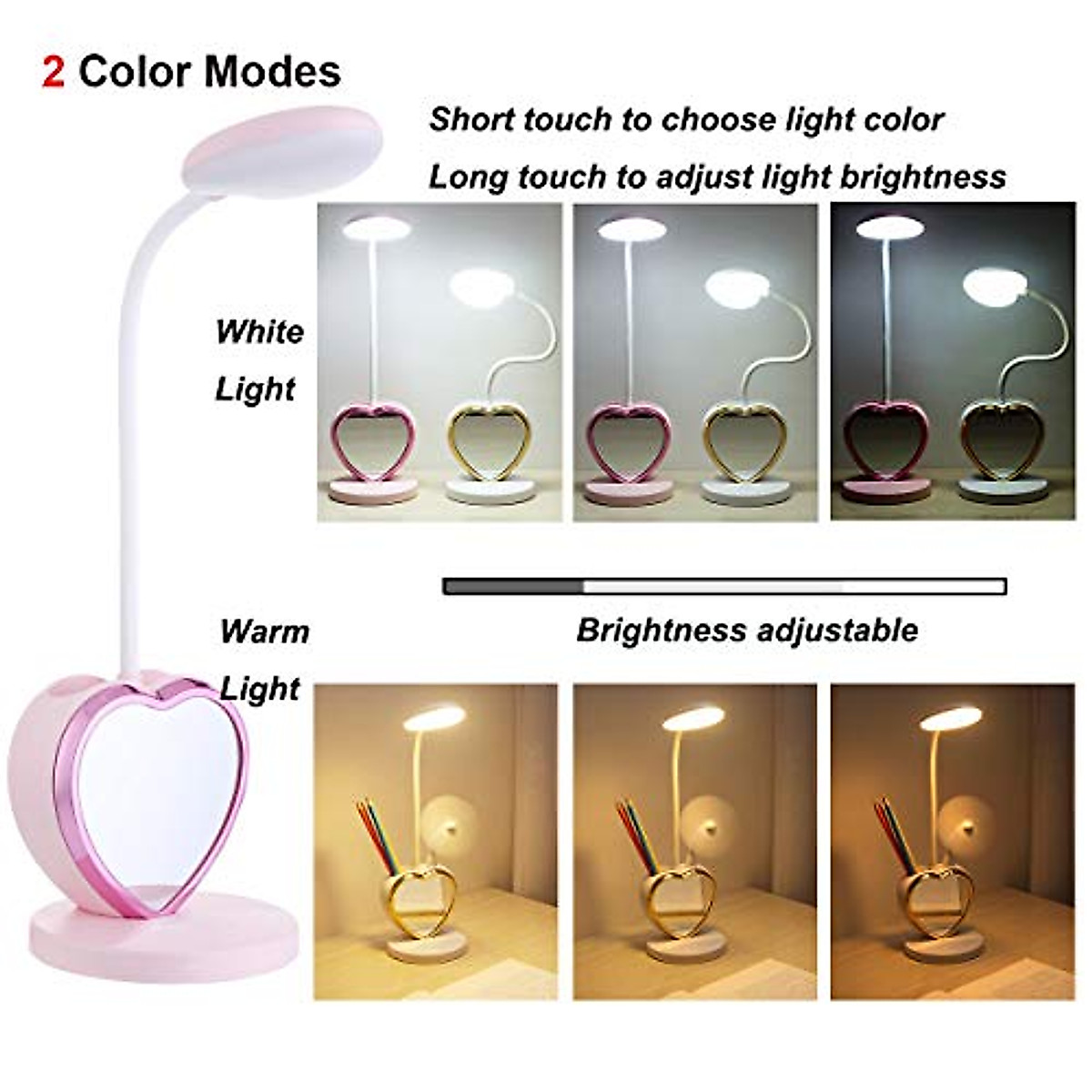 Hallocool Pink Desk Lamp for Girls Bedroom Cute Desk Lamp 6 in 1 Eye-Caring Study Table Lamp for Kids Girls Women College Dorm Bedroom Reading,Stepless Dimming