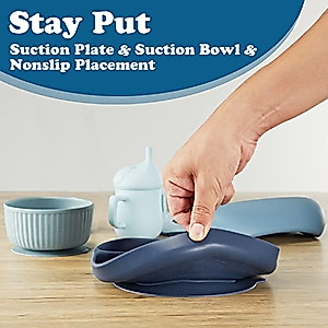 Potchen Baby Led Weaning Supplies Baby Feeding Set Toddlers Silicone Divided Suction Plate Suction Bowl, Adjustable Bib, First Stage Spoon Fork, Placemat, Straw Cup Infant Self Eating Utensil (Blue)