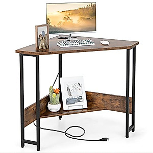 GOFLAME Corner Desk with Power Outlet, Triangle Computer Desk for Small Space, Space-Saving Writing Desk with Storage Shelf and Charging Station, Modern Laptop PC Desk for Home Office (Rustic Brown)