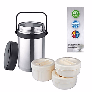 Isosteel VA-9683 1.5 liter 51 fl. oz 18/8 Stainless Steel Double-Wall Vacuum Food Container incl. 3 plastic containers
