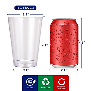 JOLLY CHEF 16 oz Clear Disposable Plastic Cups, 100 Pack Clear Plastic Cups Tumblers, Heavy-duty Disposable Cups for Halloween, Christmas, and Thanksgiving Parties