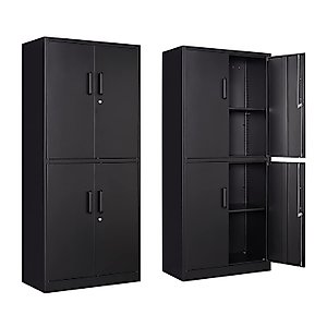 Anxxsu Metal Storage Locking Cabinet, 71" Tall Metal Cabinet with 4 Doors and 2 Adjustable Shelves, Locking Steel Cabinet for Home, School, Office, Gym, Garage Storage (Black)