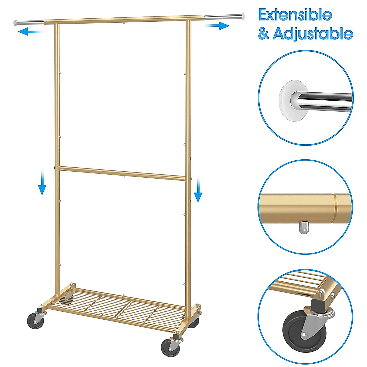 Simple Trending Standard Clothing Garment Rack, Rolling Clothes Organizer with Wheels and Bottom Shelves, Extendable, Golden Yellow