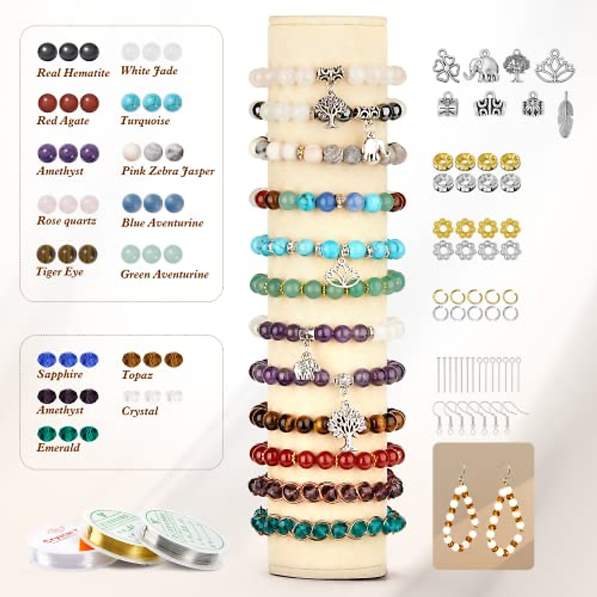UnityStar 535pcs Bracelet Making Kit, Stone Beads for Jewelry 8mm Crystal Natural Gemstone Bracelets Earrings Necklaces Rings DIY, Gift Couples Lovers (UT0032A)