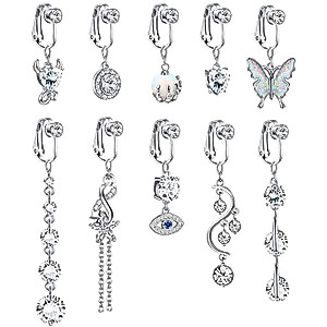 NICEIGHT 10PCS Faux Belly Button Rings for Women Dangle Belly Rings Clip On Belly Rings Butterfly Evil Eye Fake Navel Rings Non Piercing Jewelry S10