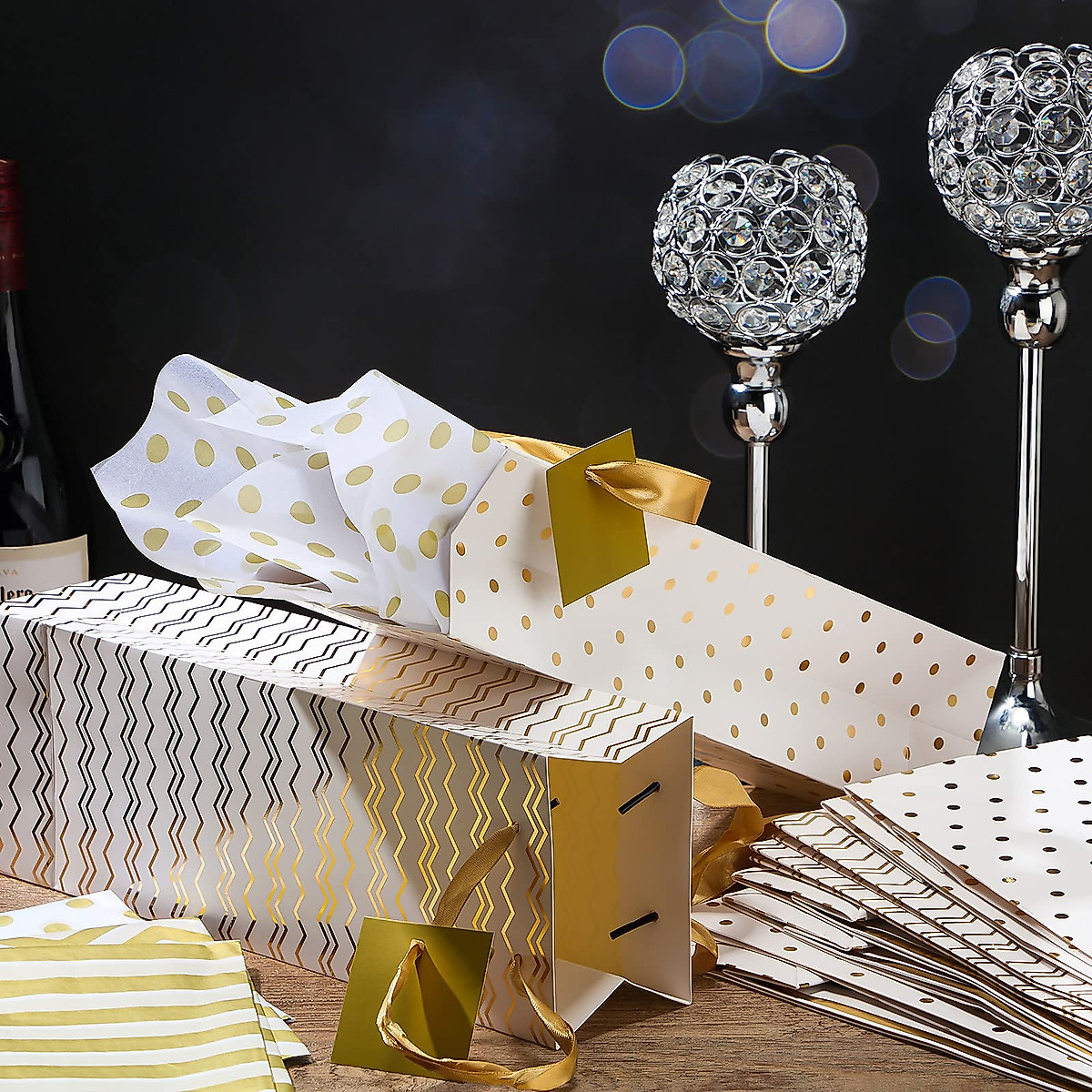 12 Pieces Christmas Wine Gift Bags Kraft Paper Wine Bottle Bags with Handles Tags And Tissue Paper for Birthday Wedding Party Winter Holiday Gift(Black and Gold)