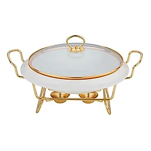 HONHPD Ceramics Chafing Dishes & Food Warmers, Household Gold Plated Buffet Server Warming Tray with Food Pan, Fuel Holder and Lid, for Wedding, Parties, Banquet, Catering Events,12.5INCH