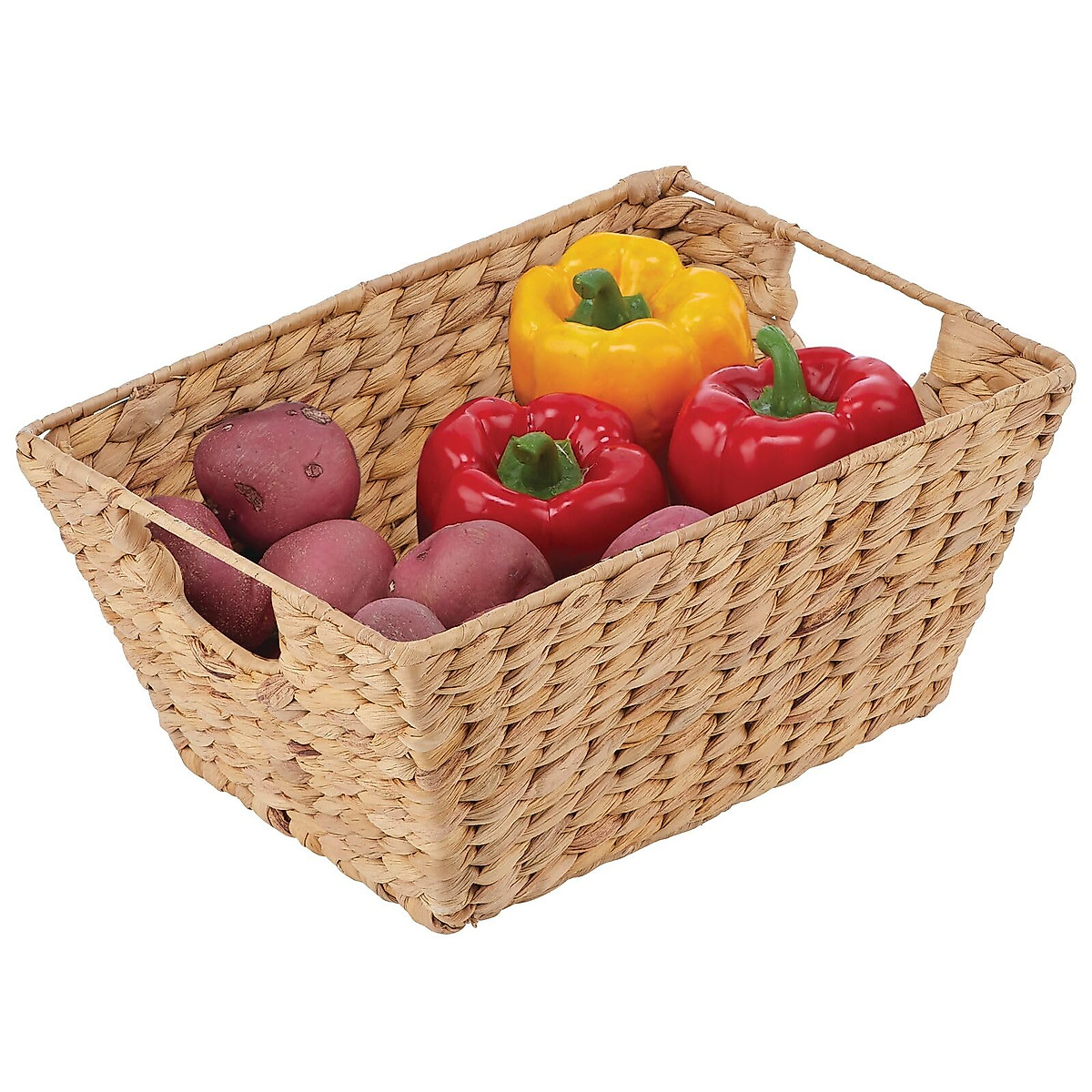 mDesign Natural Woven Hyacinth Closet Storage Organizer Basket Bin for Kitchen Cabinets, Pantry, Bathroom, Laundry Room, Closets, Garage - 4 Pack - Natural