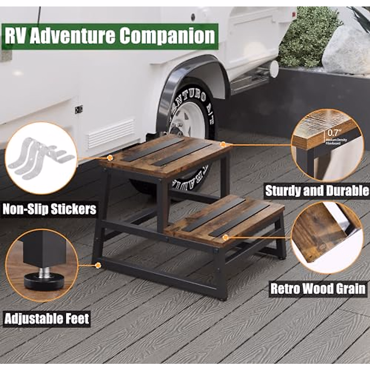 VonDream 2 Tier Step Stools for Adults with Non-Slip Stickers, Heavy Duty Bed Steps for High Beds,Kitchen Step Stool,Wide Wooden Step Stools for Kids, Step Stool for RV