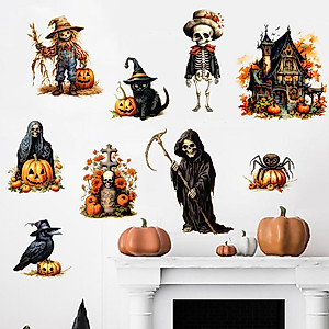 Mirabuy Halloween Wall Stickers Witch Bats Pumpkin Crow Spooky Castle Scarecrow Wall Decals for Halloween Decorations, MB-Halloween-Sticker-1