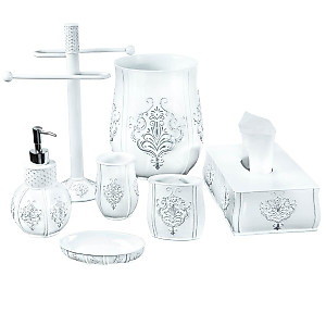 Creative Scents Bathroom Accessories Set - 4 Piece Vintage White Bathroom Set - Farmhouse French Country Bathroom Accessory Set Features: Soap Dispenser, Toothbrush Holder, Tumbler & Soap Dish