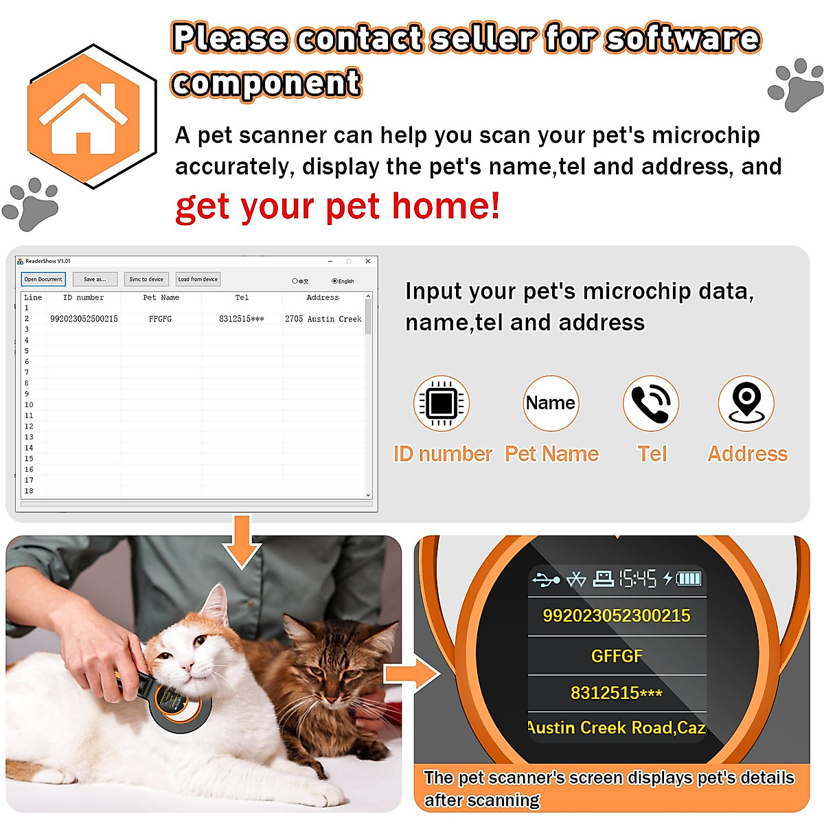 Symcode Pet Microchip Scanner RFID EMID Micro Chip Reader Scanner with 1.44IN TFT Display 134.2kHz 125kHz 15 Digits Pet Chip ID Scanner with Delete History Data Function