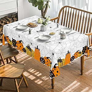 Horaldaily Halloween Tablecloth 60x84 Inch Rectangular, Jack-O-Lantern Pumpkin Cobweb Scary Themed Washable Table Cover for Party Picnic Dinner Decor