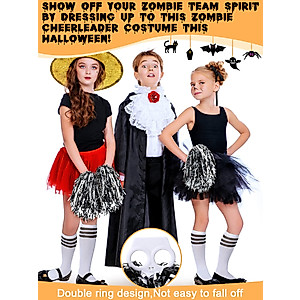 Eurzom 5 Pcs Zombie Cheerleader Costume for Girls 2 Pom Poms 2 Hair Ropes and Socks for Halloween Cheerleader Cosplay Party(Black and White, Child Thin Bow)