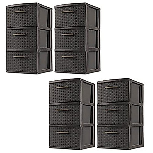 Sterilite 3 Drawer Wicker Weave Decorative Storage Organization Container Cabinet Tower with Driftwood Handles, Espresso (4 Pack)