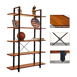 CONSDAN Industrial Bookshelf, USA Grown Hardwood, Real Wood Bookshelves, Modern Open Rustic Bookcase, Storage Shelf, Display Shelf, Poplar Solid Wood-5 Tier Shelf
