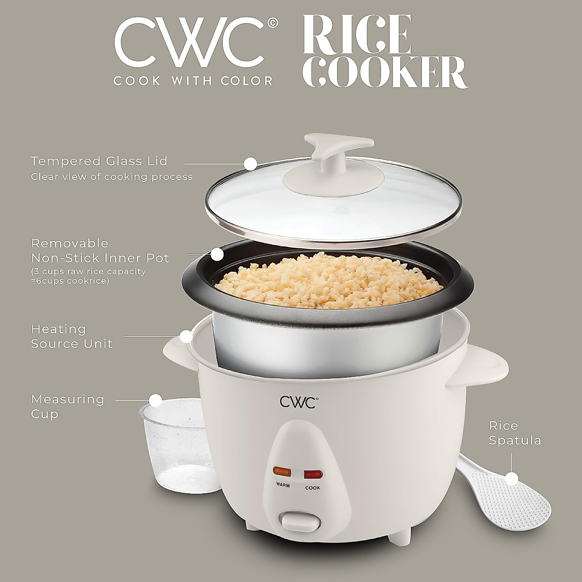 COOK WITH COLOR 6 Cup Rice Cooker 300W - Effortless Cooking and Greatly, Cooks 3 Cups of Raw Rice for 6 Cups of Cooked Rice, Cream