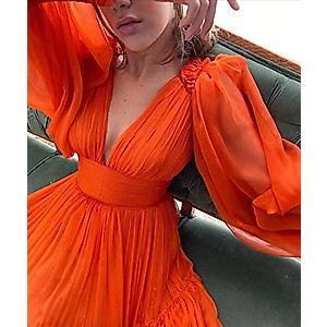 Women's Puffy Tulle Formal Evening Party Gowns Long Sleeve Princess Dress V Neck Ruched Prom Dresses White