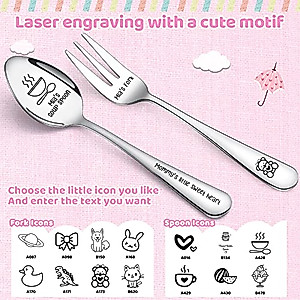 Nibana Custom Toddler Utensils, 2 PCS Personalized Kids Silverware Set, Stainless Steel Toddler Fork and Spoon with Engaved Name Dinosaur Unicorn Bunny, Mirror Polished, Dishwasher Safe
