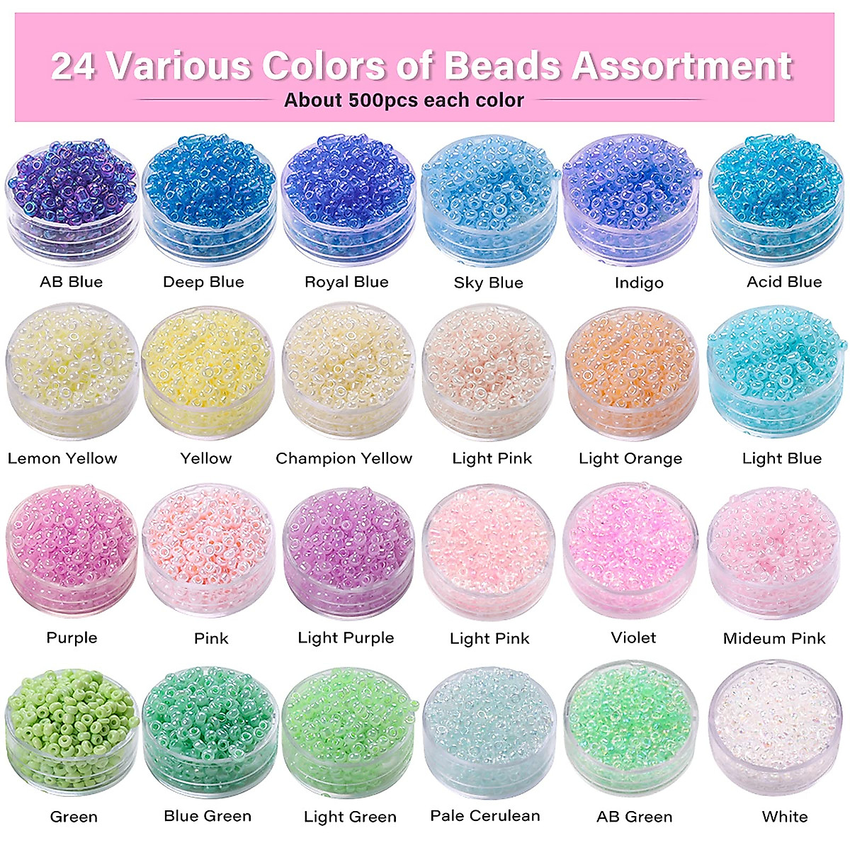 Yholin Glass Seed Beads Started Kit, 12000pcs 2mm 12/0 Small Craft Beads with Beading Needle,Tweezers and Elastic String for DIY Bracelet Necklace Jewelry Making Supplies