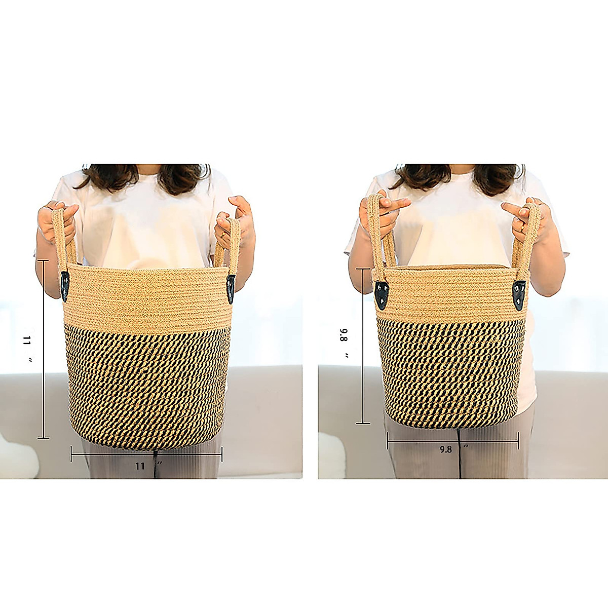 DOUBLE POMELO - Shelf Basket Jute Basket Woven Basket for Comforter Cushions Blanket Basket Toy Basket with Handle Laundry Hamper with Handle Brown and Black (11'' x 11'')