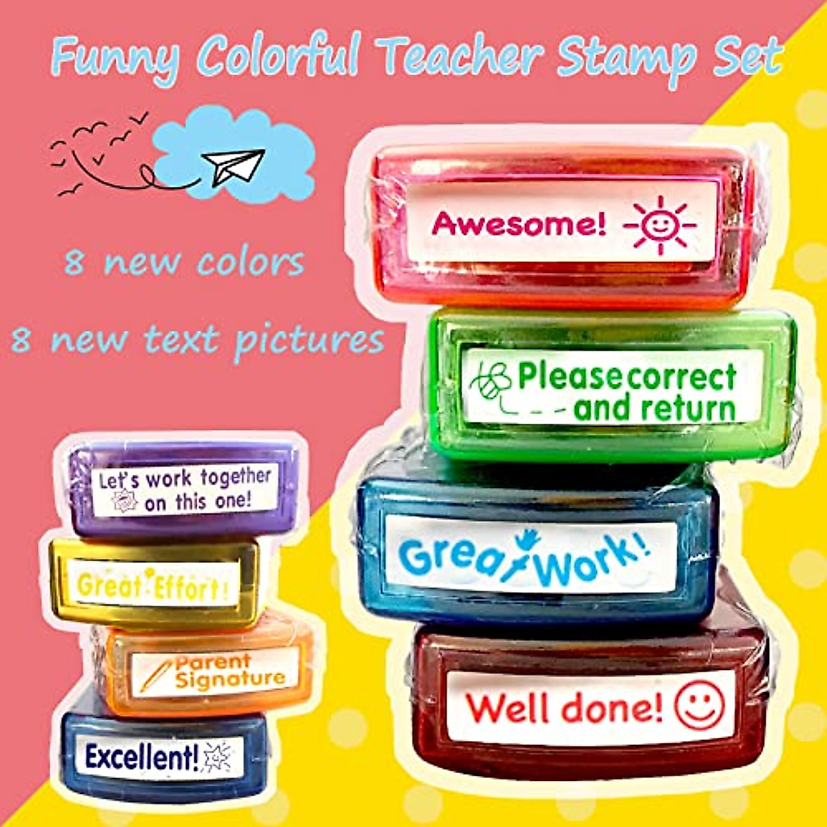Bertiveny Teacher Stamps for Grading Classroom，Parent Signature Self-Inking Teacher Stamp Set School Supplies Stamps for Homework Reward with 8 pcs Teacher Supplies for Classroom Elementary(Rainbow)