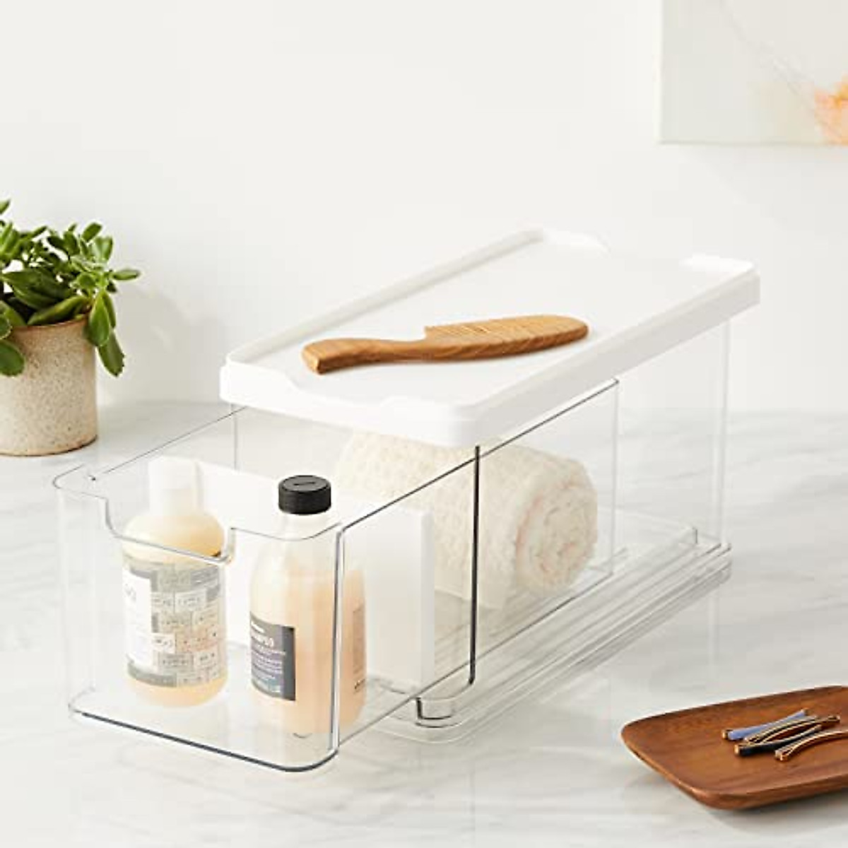 iDesign The Sarah Tanno Collection Medium Stacking Cosmetic Drawer Organizer with Lid and Divider, Clear/White