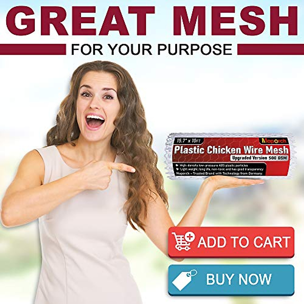 MAPORCH Durable 15.7" x10FT White Plastic Chicken Wire Mesh Fence: Lightweight, Customizable Netting for Garden, Poultry, Crafts - Versatile Fencing Solution, Hexagonal Design