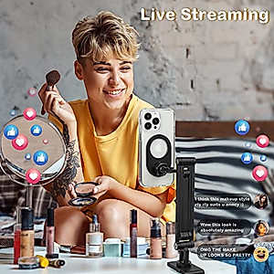 metisinno Magnetic Foldable Phone Stand for MagSafe, Desk Monitor Arm Phone Mount for iPhone 14 13 12 Pro Max Plus Mini, FaceTiming, Zoom Video Calling, Live Streaming &More, CNC Aluminum Body, Black