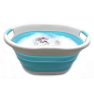 SAMMART 36L (9.5 gallon) Collapsible Plastic Laundry Basket - Oval Tub/Basket - Foldable Storage Container/Organizer - Portable Washing Tub - Space Saving Laundry Hamper, (Oval, Grey/Bright Blue)