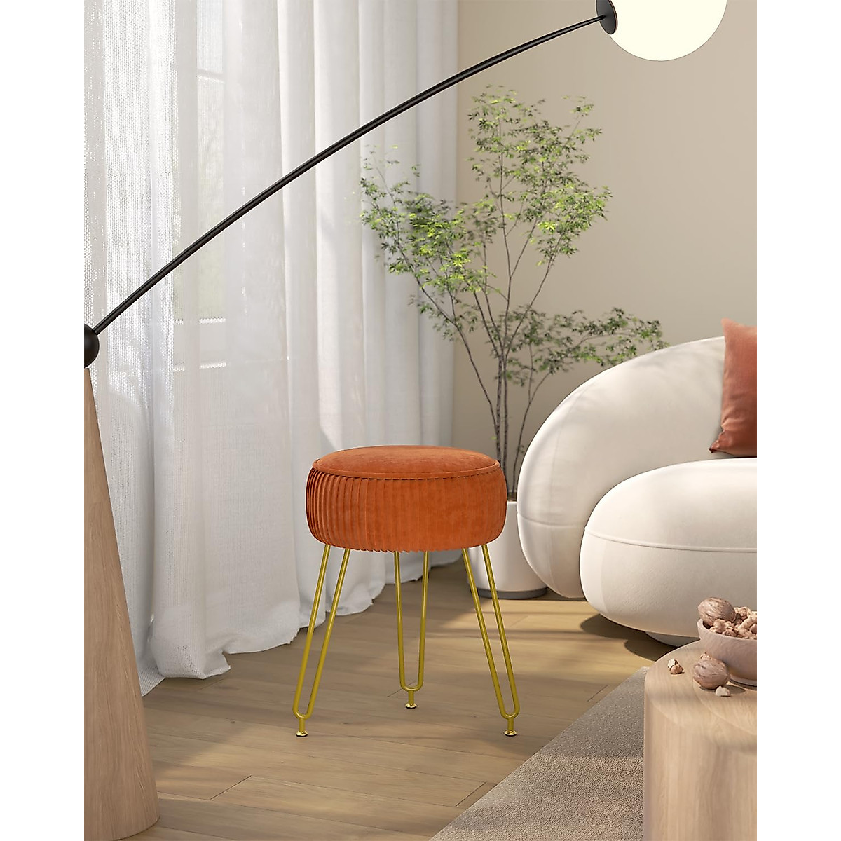 IBUYKE Velvet Round Footrest Stool Ottoman, Makeup Vanity Stool Side Table, Velvet Dressing Table Seat, Pouf Couch Stool, Golden Steel Legs, Orange LG-30J
