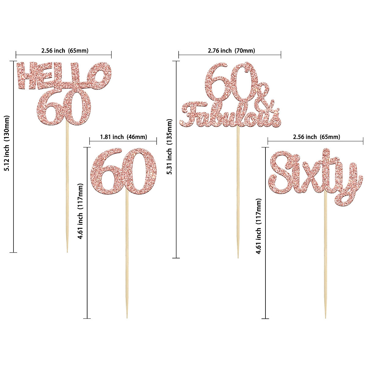 Gyufise 24Pcs Rose Gold Glitter 60th Birthday Cupcake Toppers Hello 60 Sixty Cake Toppers 60 & fabulous Cupcake Picks 60th Birthday Cake Decorations Supplies
