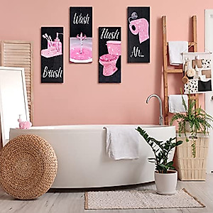 Chinco 4 Pcs Women Funny Wall Art Bathroom Decor Glam Bathroom Wall Decor Black and White Glam Bathroom Wall Arts Modern Women Funny Bathroom Wood Hanging Decors for Home Bathroom (Pink,Sweet)