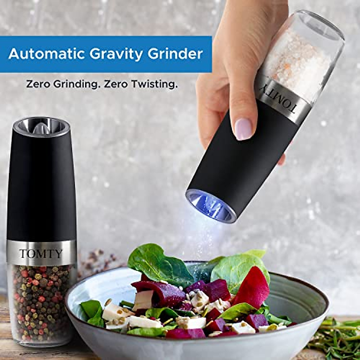 (2 Pack) Gravity Electric Salt and Pepper Grinder Set Battery Operated One Hand Automatic Operation, Adjustable Coarseness Mill Grinders Shakers LED Light Stainless Steel, Kitchen Gadgets Gifts Ideas