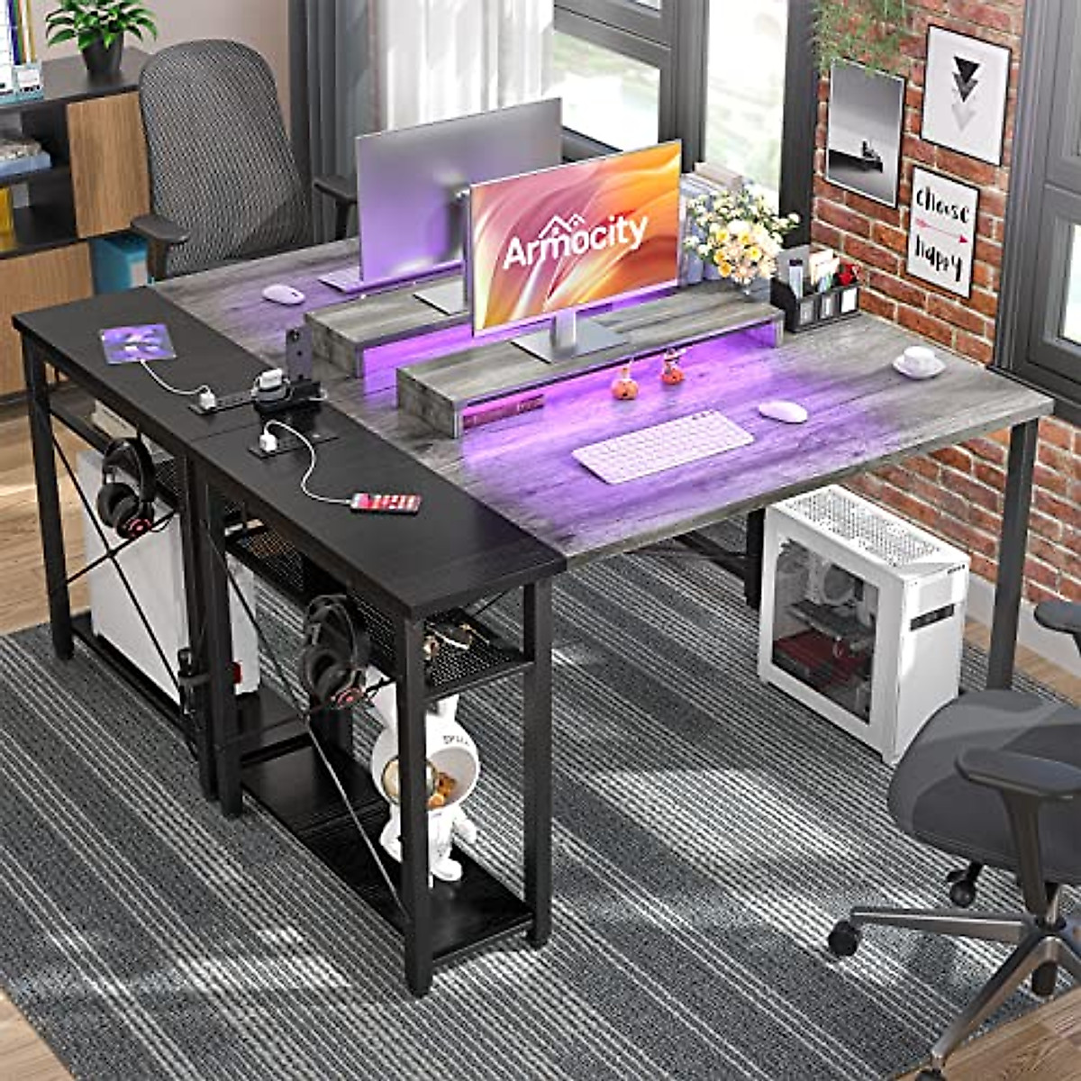 armocity Computer Desk with LED Lights, Gaming Desk with Power Outlet and USB, 40 Reversible Laptop Table with Moveable Monitor Stand, Small Desk for Small Spaces, Office, Gaming Room, Grey and Black