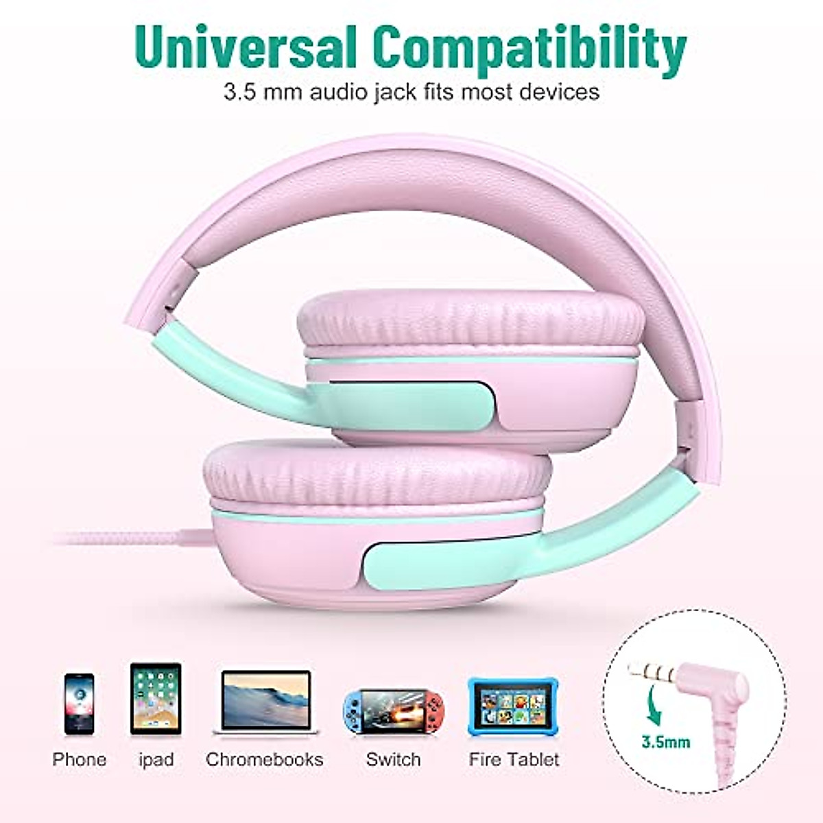 rockpapa Share 1 Kids Headphones Wired with Microphone & Share Port, 85dB/94dB Volume Limited, Cute Foldable Student Child Boys Girls Headphones for School/Classroom/Travel Pink/Green