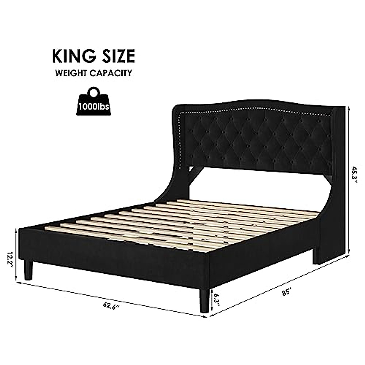 HOSTACK Modern Upholstered Platform King Bed Frame, Black, Velvet Fabric