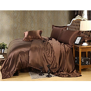 ABP Collection Duvet Set - Full, Chocolate Soft Silky Satin Duvet Cover Sets (1 Button Closure Duvet Cover, 1 Fitted Sheet with 18" Deep Pocket, 2 Pillow Shams) 4 Pieces Duvet Cover Set