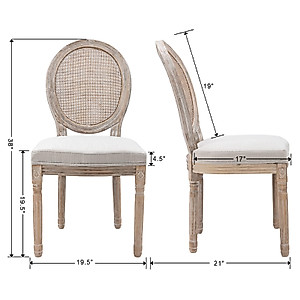 Kmax Farmhouse Dining Room Chairs, Fabric French Distressed Bedroom Chairs with Round Rattan Back, Elegant Tufted Kitchen Chairs, Set of 4, Beige