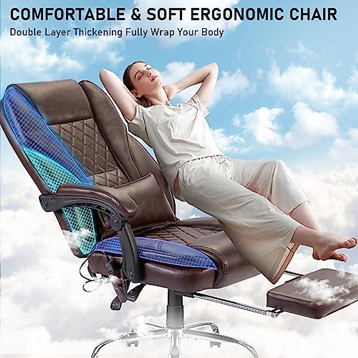 NOBLEMOOD Heated Massage Office Chair - Ergonomic Office Chair with Foot Rest and Lumbar Support, High Back Excutive Office Chair with Heating and Massaging for Adults (Brown)