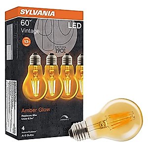LEDVANCE Sylvania Vintage Filament LED Light Bulb, 60W = 6.5W, Dimmable, 13 Year, Amber Finish, 650 Lumens, 2175K, Amber Glow - 4 Pack (40063)