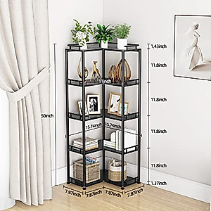FLE 5 Tier Corner Shelf,Modern Corner Bookshelf Industrial Corner Ladder Shelf Small Bookcase Plant Stand for Living Room, Kitchen, Home Office (Black)