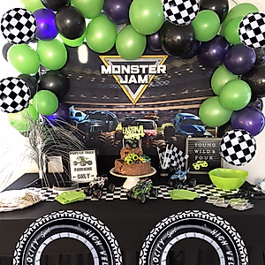 Monster Truck Theme Balloon Garland, 132pcs Black Green Dark Purple Balloon Arch with Car Wheel Balloon, Chessboard Foil Balloons for Monster Jam Theme Birthday, Baby Shower, Race Car Birthday Party
