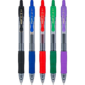 PILOT G2 Premium Refillable and Retractable Rolling Ball Gel Pens, Fine Point, Black/Blue/Red/Green/Purple Inks, 5-Pack (31079)
