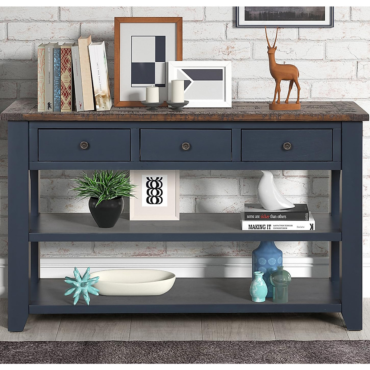 YWUFUART 48 Inch Solid Wood-Console Table-Sofa Table-Storage Cabinet with 3 Drawers and 2 Shelves for Entryway Hallway Living Room (Blue)